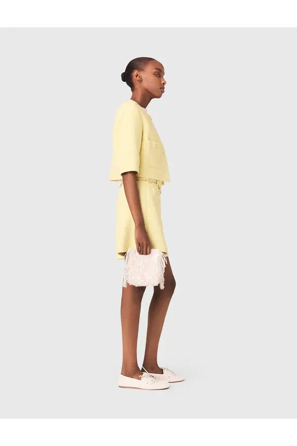 Maje And White Textured Tweed Shorts With Removable Gold Chain Belt