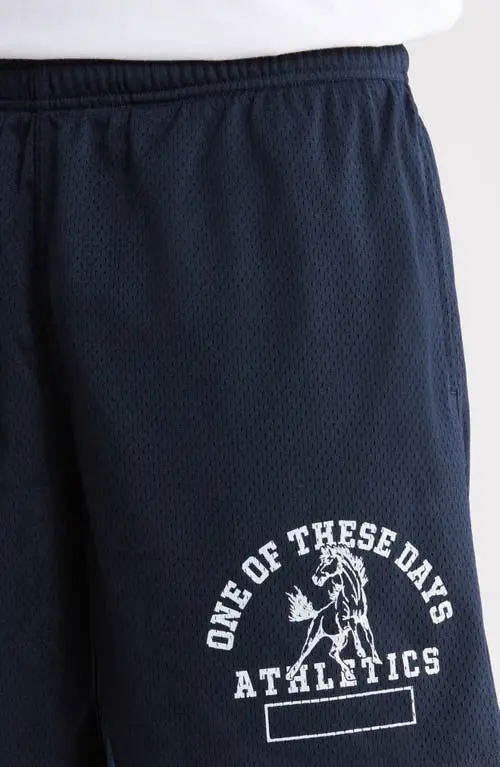 ONE OF THESE DAYS Mustang Athletics Mesh Drawstring Shorts - Navy