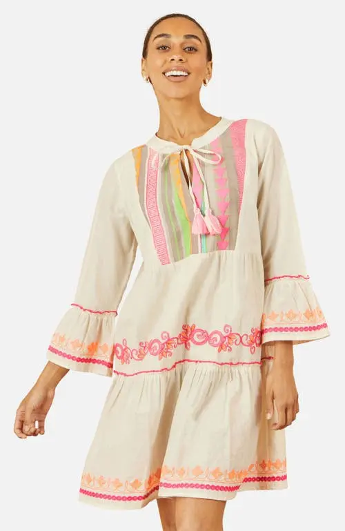 YUMI Embroidered Cotton Tunic Dress - Beige