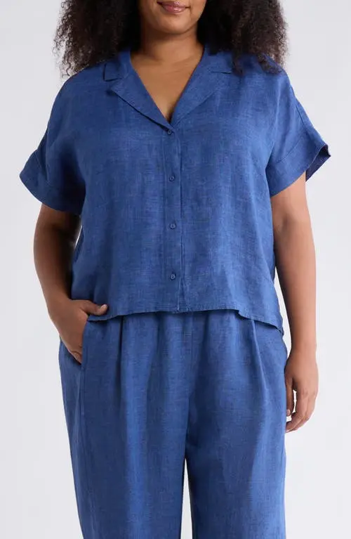 Eileen Fisher Notch Collar Organic Linen Button-up Shirt - Deep Dive