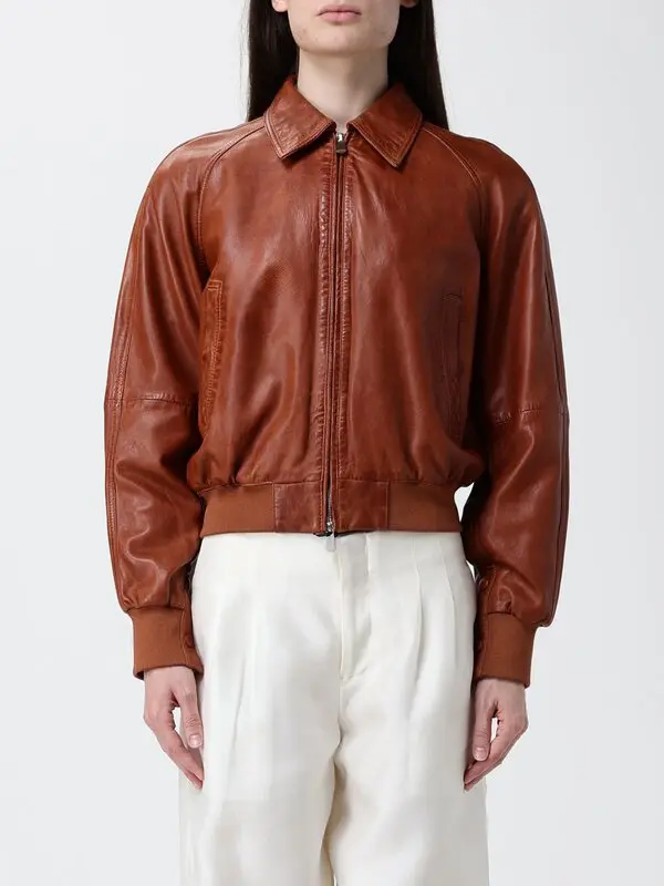Pinko Leather Bomber Jacket - Brown