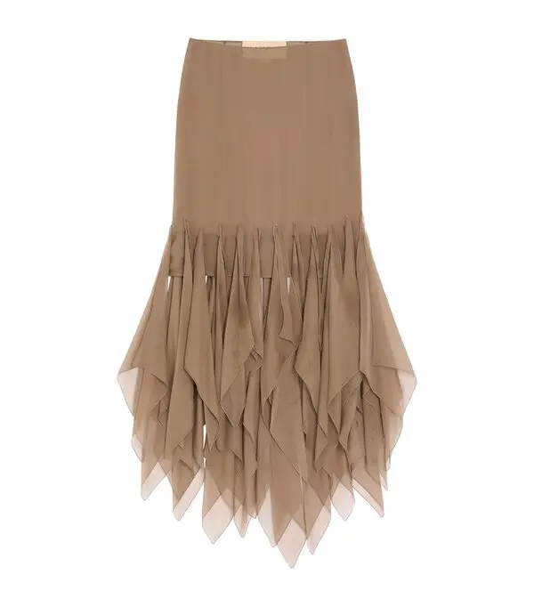 Valentino Garavani Silk Ruffle-embroidered Midi Skirt - Brown