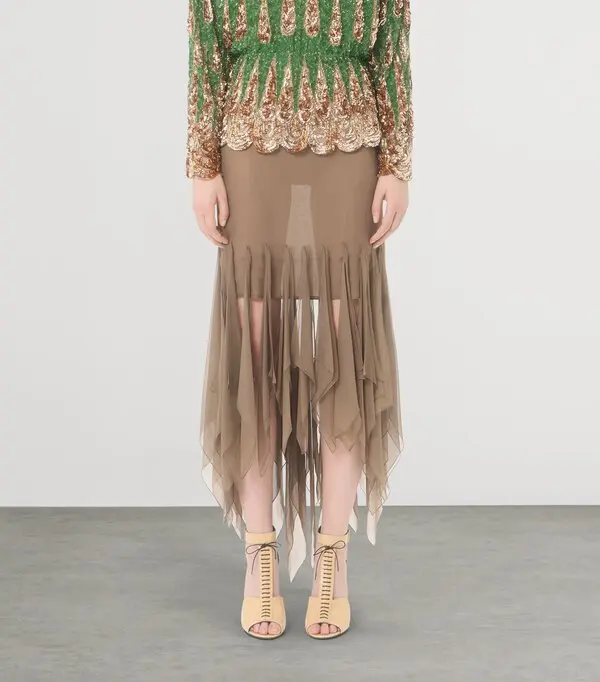 Valentino Garavani Silk Ruffle-embroidered Midi Skirt - Brown