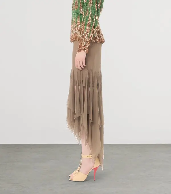 Valentino Garavani Silk Ruffle-embroidered Midi Skirt - Brown