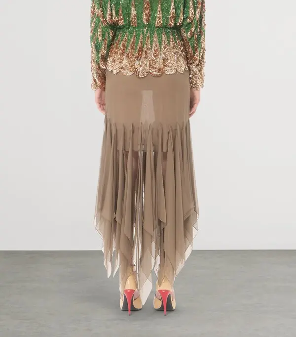 Valentino Garavani Silk Ruffle-embroidered Midi Skirt - Brown