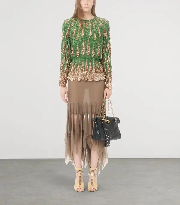 Valentino Garavani Silk Ruffle-embroidered Midi Skirt - Brown