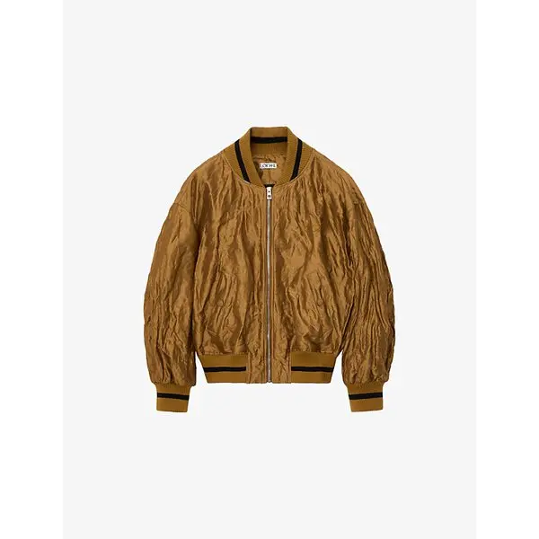 Loewe Woven Bomber Jacket With Crinkled Texture And Striped Trim - Toffee