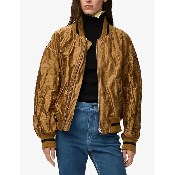 Loewe Woven Bomber Jacket With Crinkled Texture And Striped Trim - Toffee