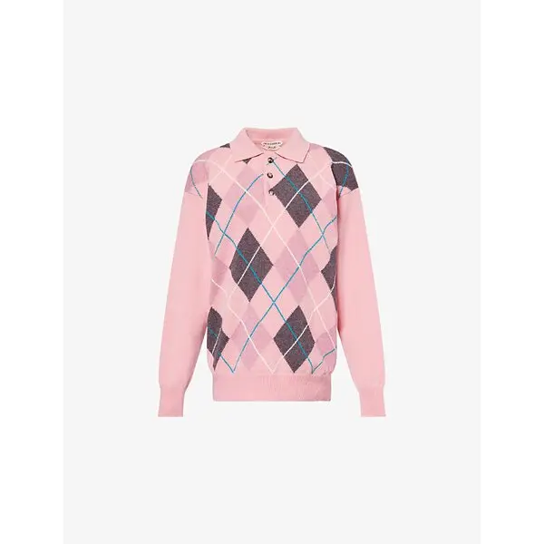 JW Anderson X Pringle Argyle Wool Polo Jumper - Bubblegum