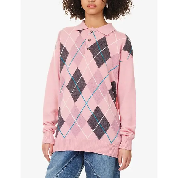 JW Anderson X Pringle Argyle Wool Polo Jumper - Bubblegum