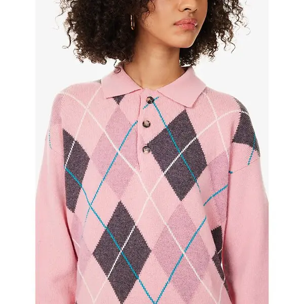 JW Anderson X Pringle Argyle Wool Polo Jumper - Bubblegum