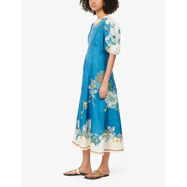 Alemais AlMais X Lrnce Luda Puff-Sleeve Linen Midi Dress In Blue |  Editorialist