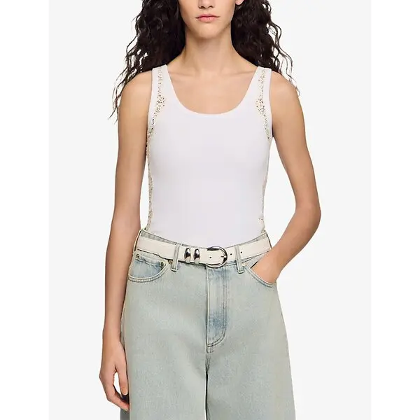 Sandro Sleeveless Cotton Top With Lace Straps - White