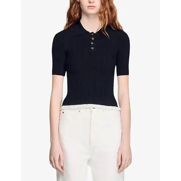 Sandro Collared Short-sleeve Knitted Polo - Black