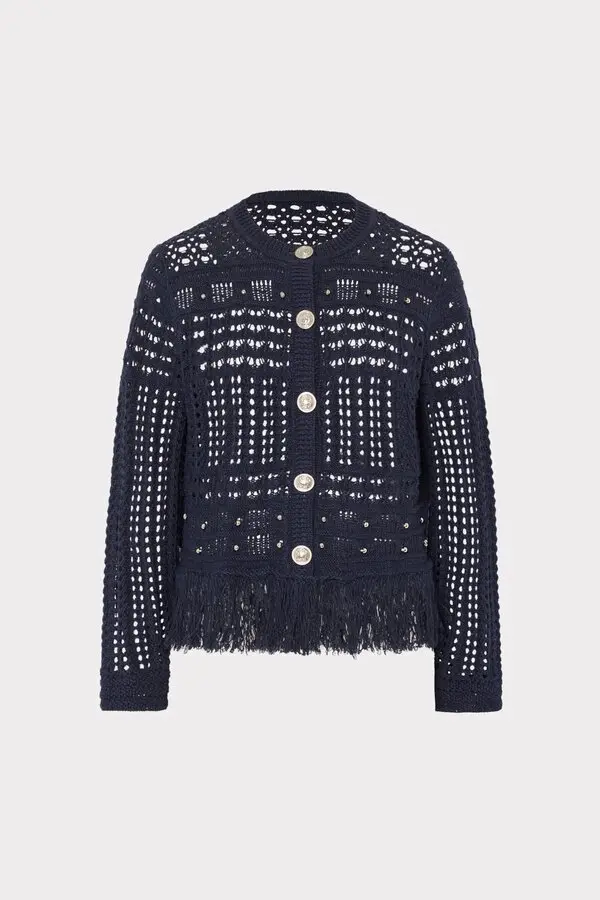 MILLY Beaded Fringe Crewneck Cardigan Jacket