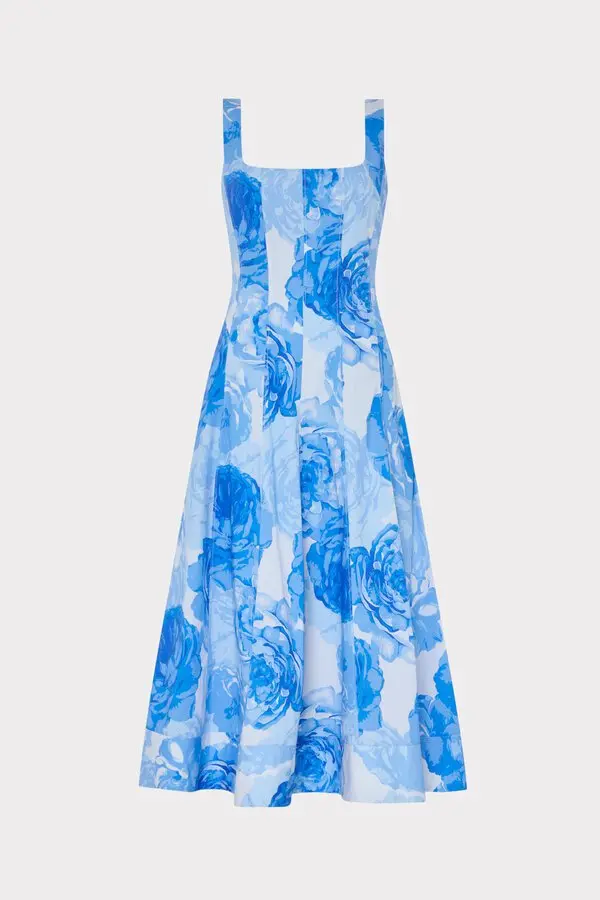 MILLY Nia Printed Poplin Midi Dress - Blue