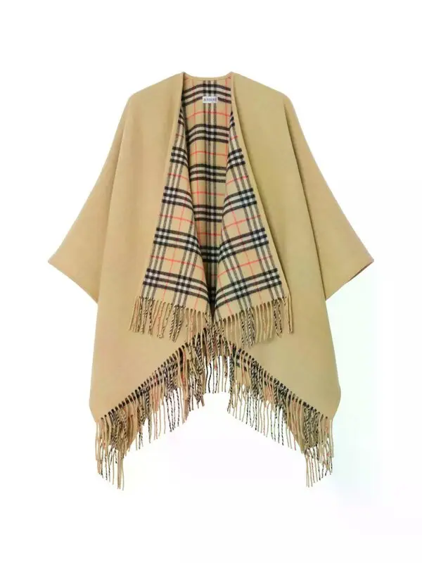 Burberry Reversible Check Wool Cape With Fringed Edges - Neutrals