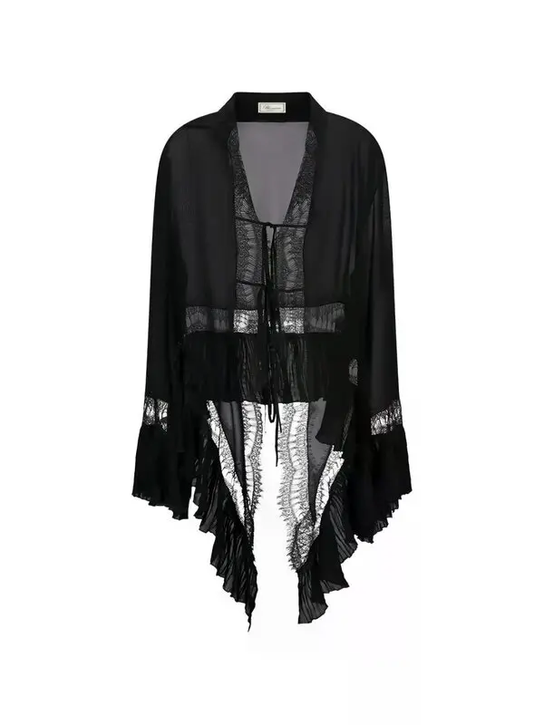Blumarine Georgette Lace Blouse With V-neck And Ruffled Hem - Black