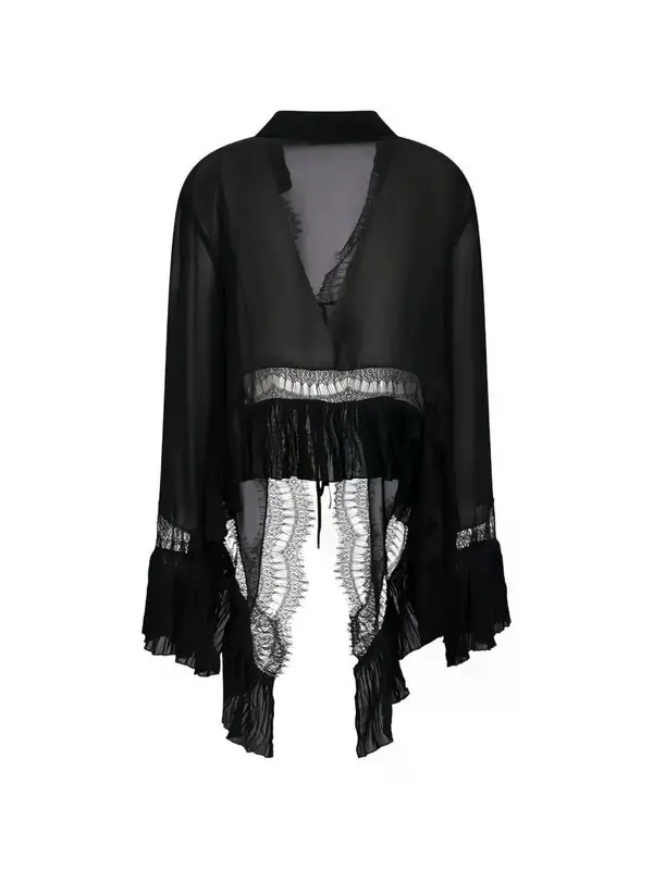 Blumarine Georgette Lace Blouse With V-neck And Ruffled Hem - Black