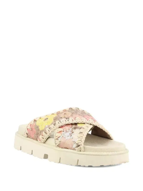 Mou Sequin-embellished Criss-cross Flat Sandals - Neutrals