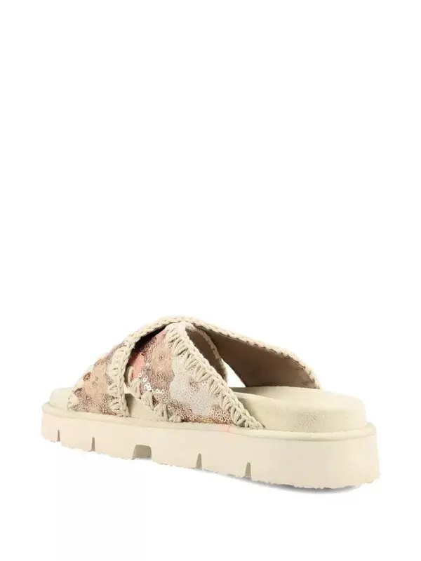 Mou Sequin-embellished Criss-cross Flat Sandals - Neutrals