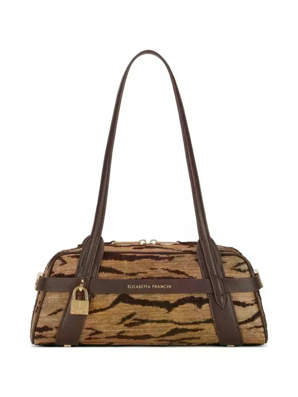 Elisabetta Franchi Tiger Print Raffia Effect Bowling Bag - Neutrals