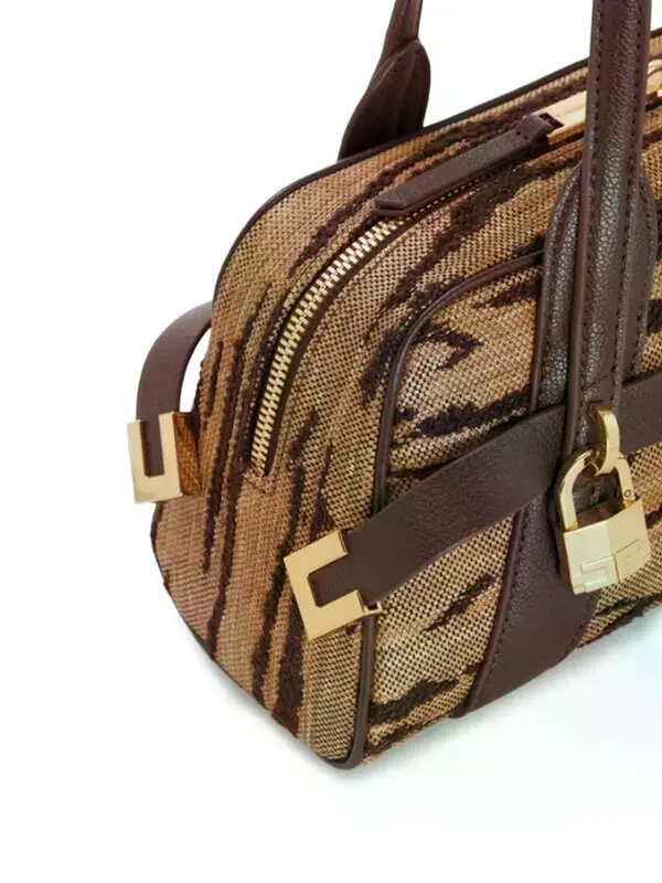 Elisabetta Franchi Tiger Print Raffia Effect Bowling Bag - Neutrals