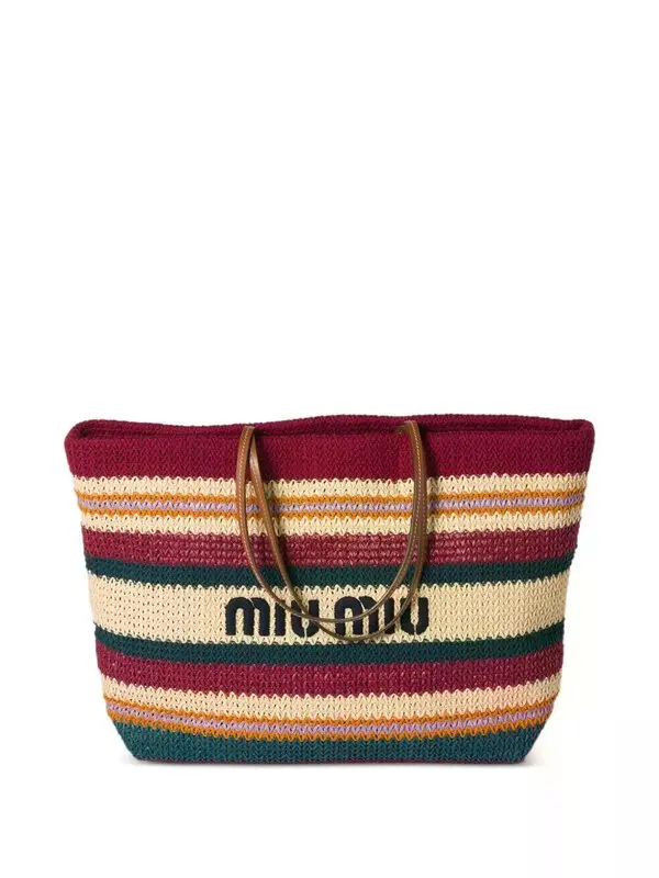 Miu Miu Raffia-effect Woven Tote Bag With Striped Motif - Red
