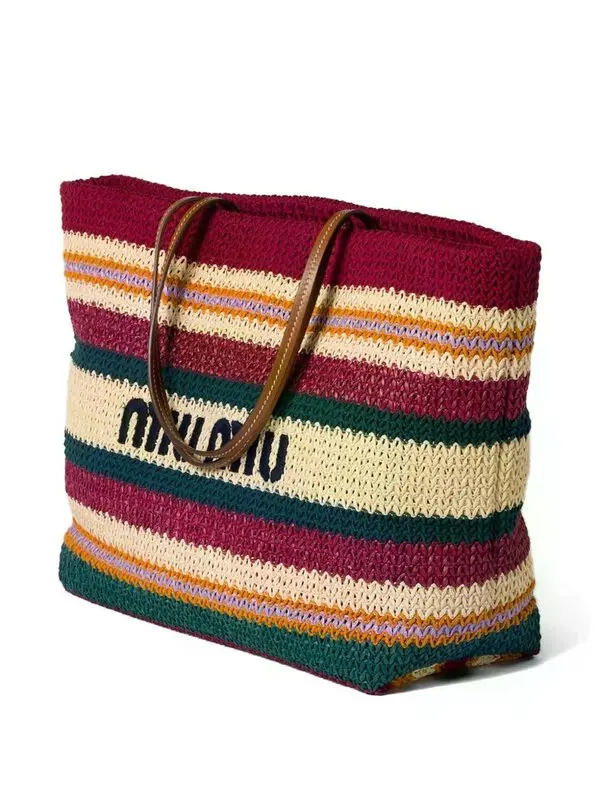 Miu Miu Raffia-effect Woven Tote Bag With Striped Motif - Red