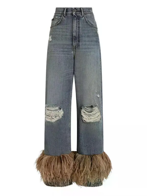 Dolce & Gabbana Distressed Feather Trim Jeans