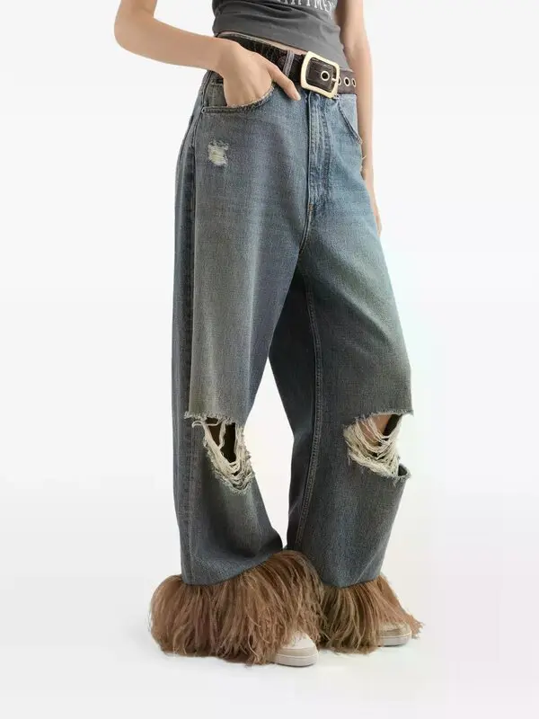 Dolce & Gabbana Distressed Feather Trim Jeans