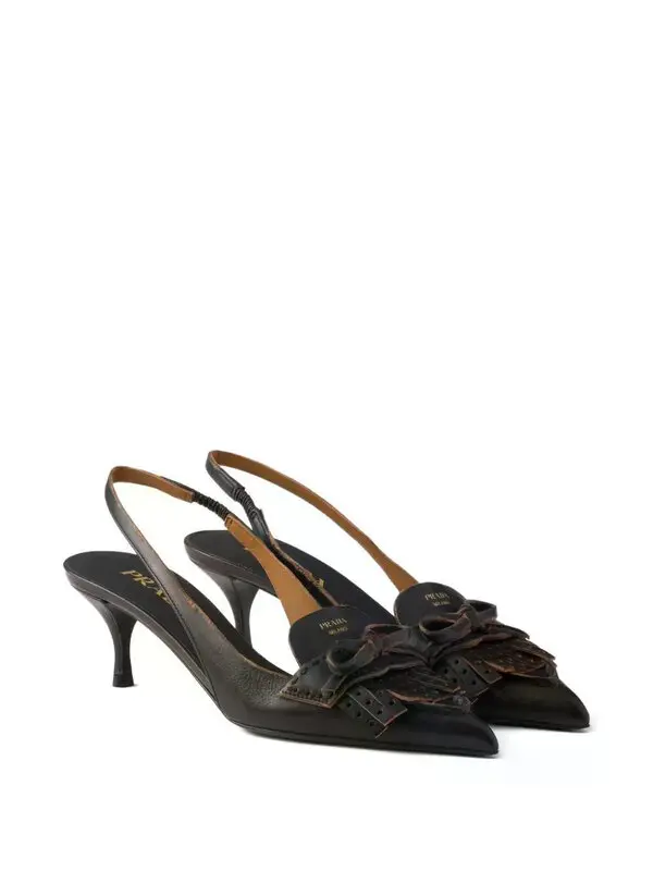 Prada Fringed Bow Leather Slingback Pumps - Black
