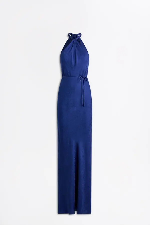 Scanlan Theodore Silk Jacquard Tie Neck Gown - Ocean