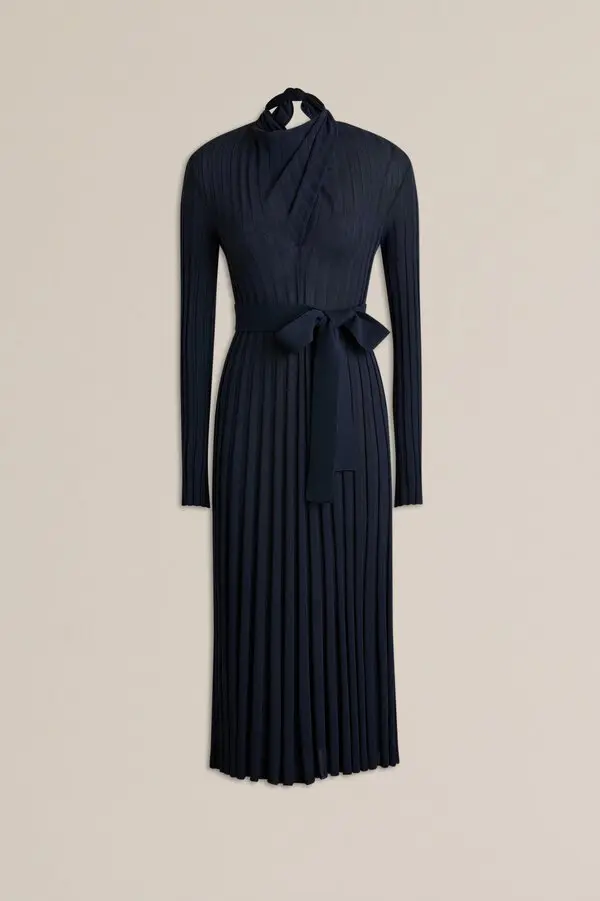 Scanlan Theodore Pleated Rib Tie Neck Midi Dress