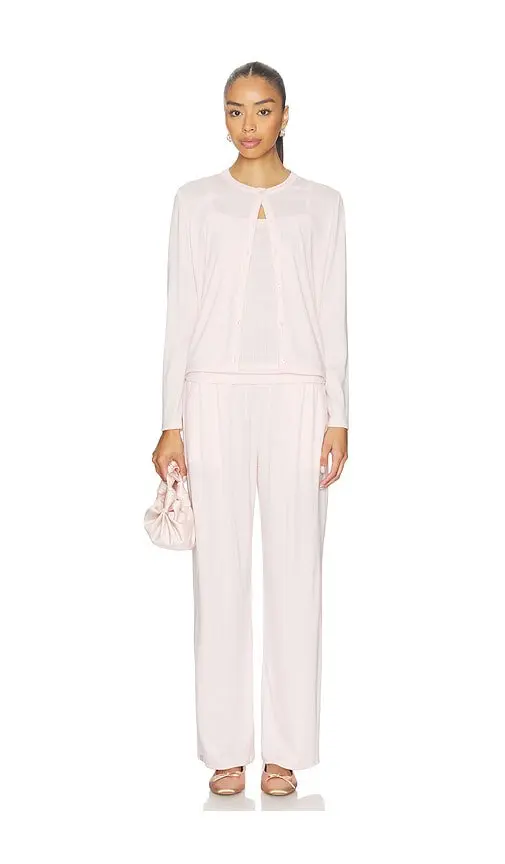 Barefoot Dreams Pointelle Rib Cardigan With Scallop Trim - Pink Sand