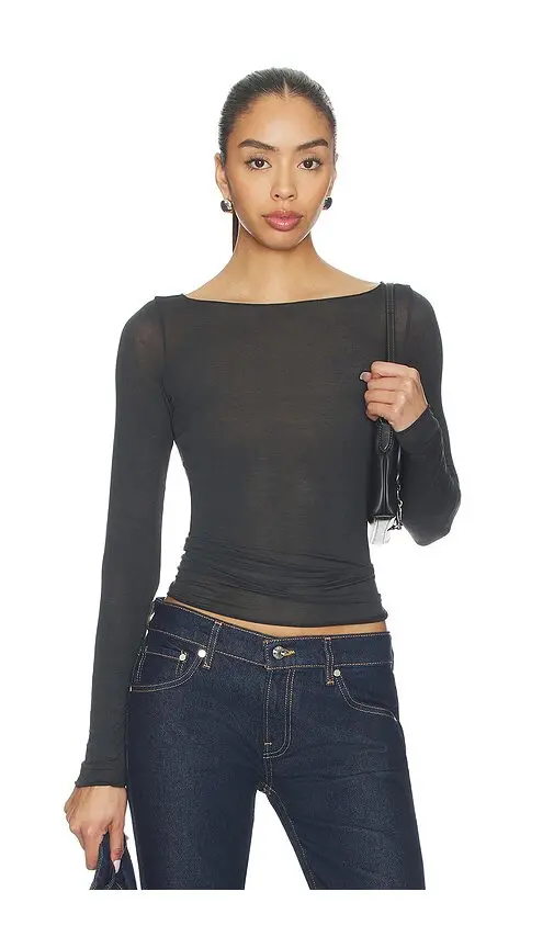 SKIMS Sheer Modal Long Sleeve Boat Neck T-shirt In Black - Onyx