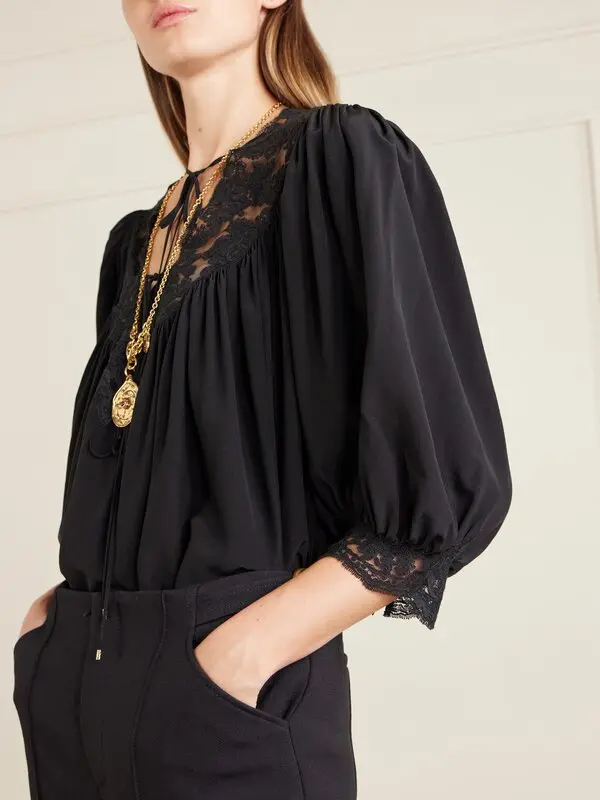 Chloé Lace-trimmed Organic Silk Crepe De Chine Blouse - Black