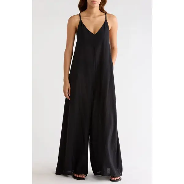 Elan Wide Leg Cotton & Linen-blend Cover-up Jumpsuit - Black