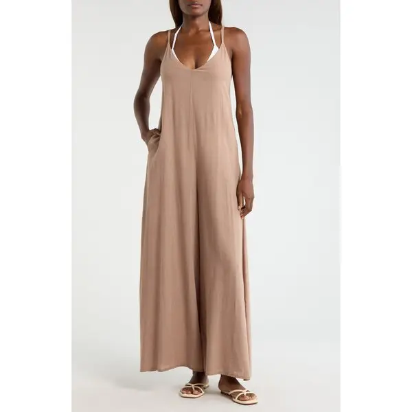 Elan Wide Leg Cotton & Linen-blend Cover-up Jumpsuit - Brown