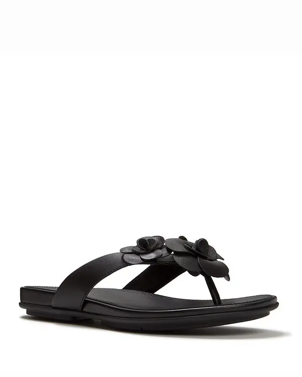 Fitflop Gracie Flower Leather Flip Flops - Black