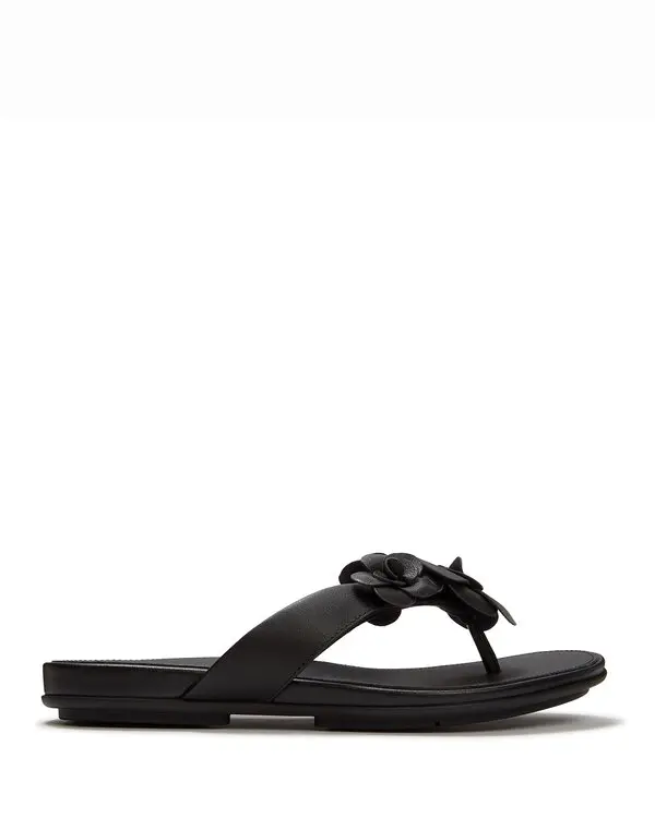 Fitflop Gracie Flower Leather Flip Flops - Black