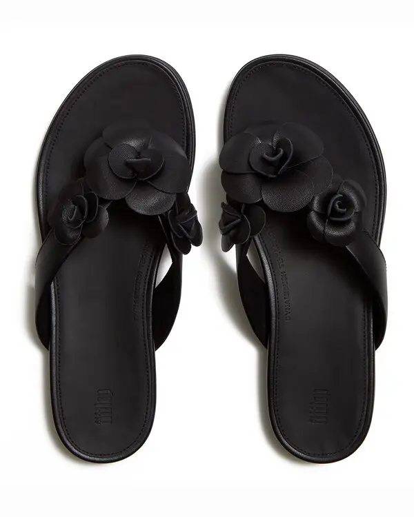 Fitflop Gracie Flower Leather Flip Flops - Black