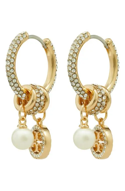 Tory Burch Icon Pavé Hoop Charm Earrings - Tory Gold/crystal/pearl