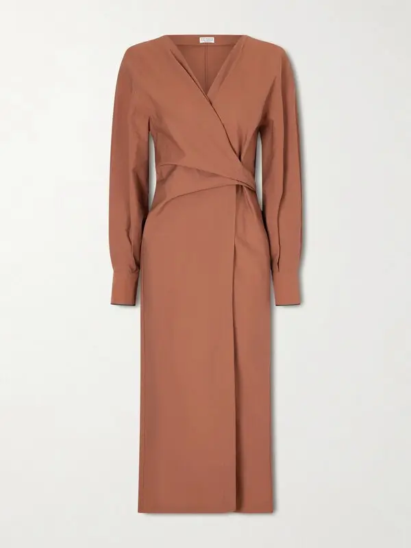 Brunello Cucinelli Embellished Cotton-blend Midi Wrap Dress