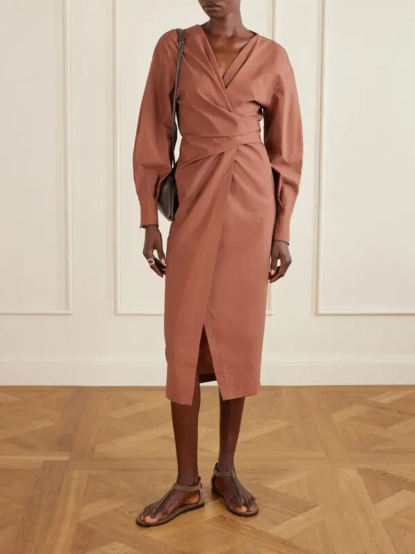 Brunello Cucinelli Embellished Cotton-blend Midi Wrap Dress