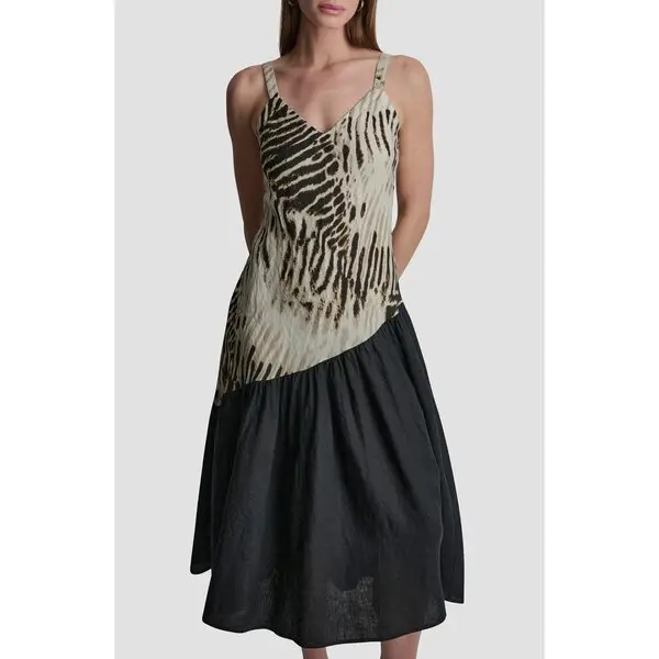 Dkny Colorblock Asymmetric Linen Dress - Brushed Sandbed/black