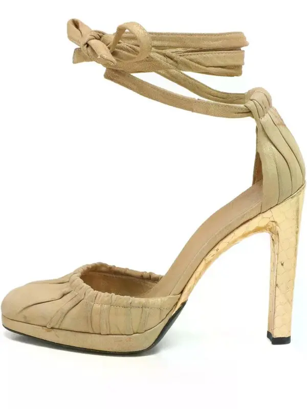 Gucci Beige Suede Round Toe Pumps With Gold Tone Block Heel