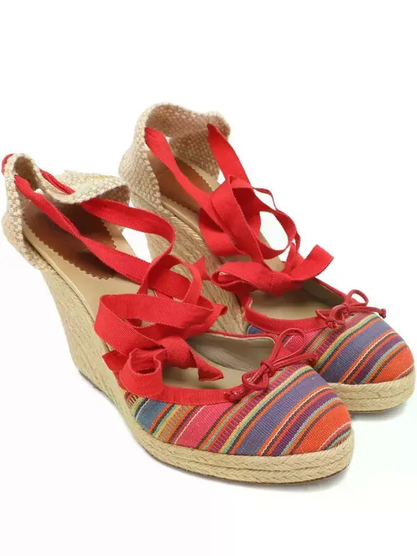 CHRISTIAN LOUBOUTIN Striped Canvas Platform Wedge Espadrille Sandals - Neutrals
