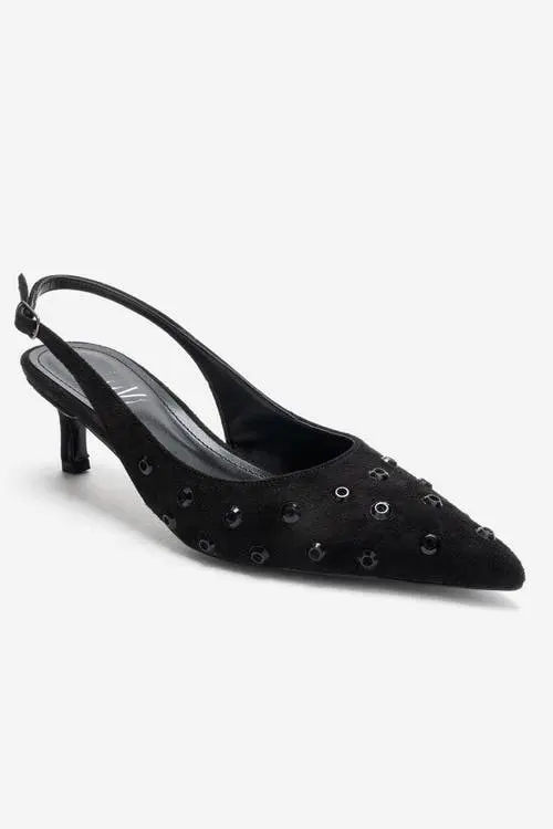 PROLOGUE SHOES Lorex Embellished Stiletto Slingback Pumps - Black Suede