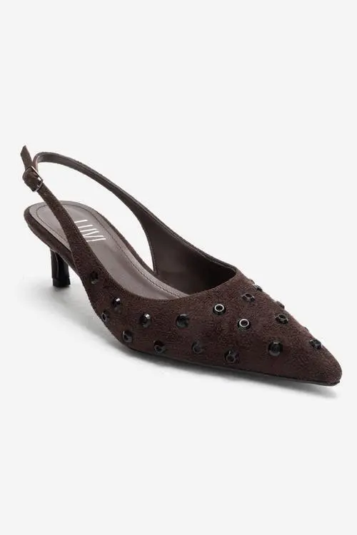 PROLOGUE SHOES Lorex Embellished Stiletto Slingback Pumps - Brown Suede